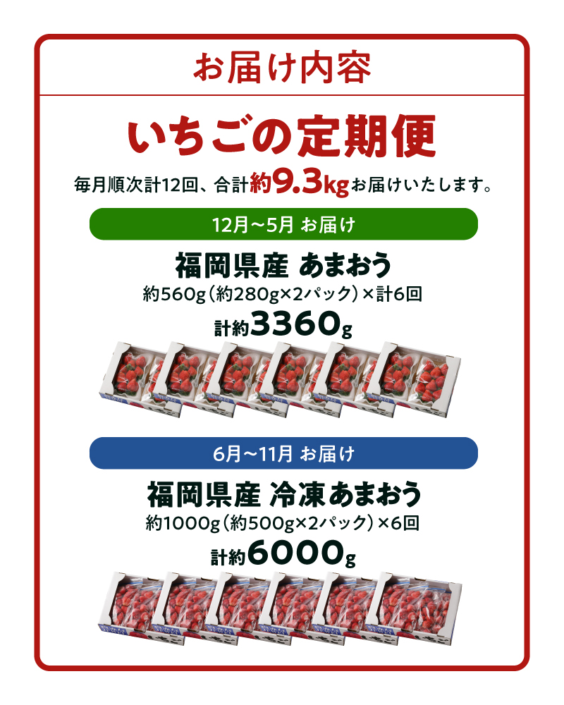 【いちごの年間定期便】 あまおう 約560g（約280g×2パック）× 12月～5月まで計6回 冷凍あまおう 1000g（500g×2パック）×6月～11月まで計6回 毎月発送 イチゴ ...